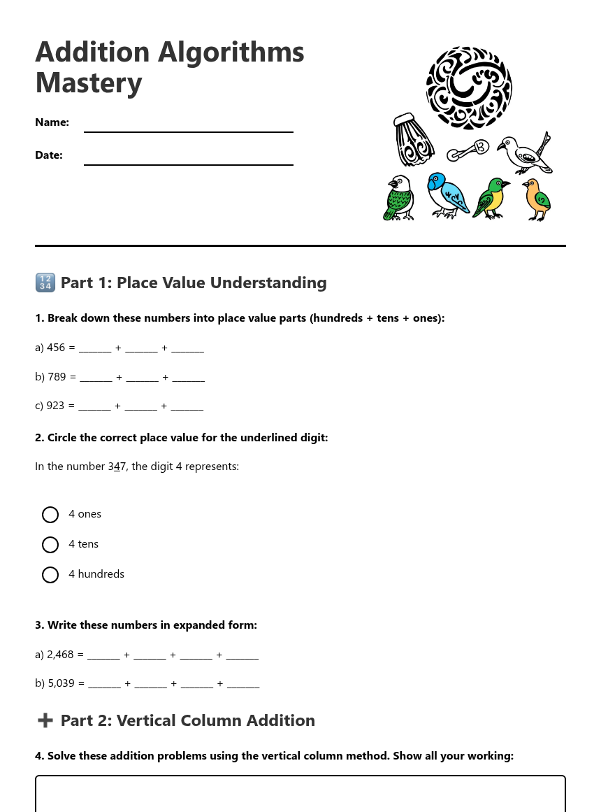 Addition Algorithms Mastery — Free Printable Worksheet for Maths | Kuraplan