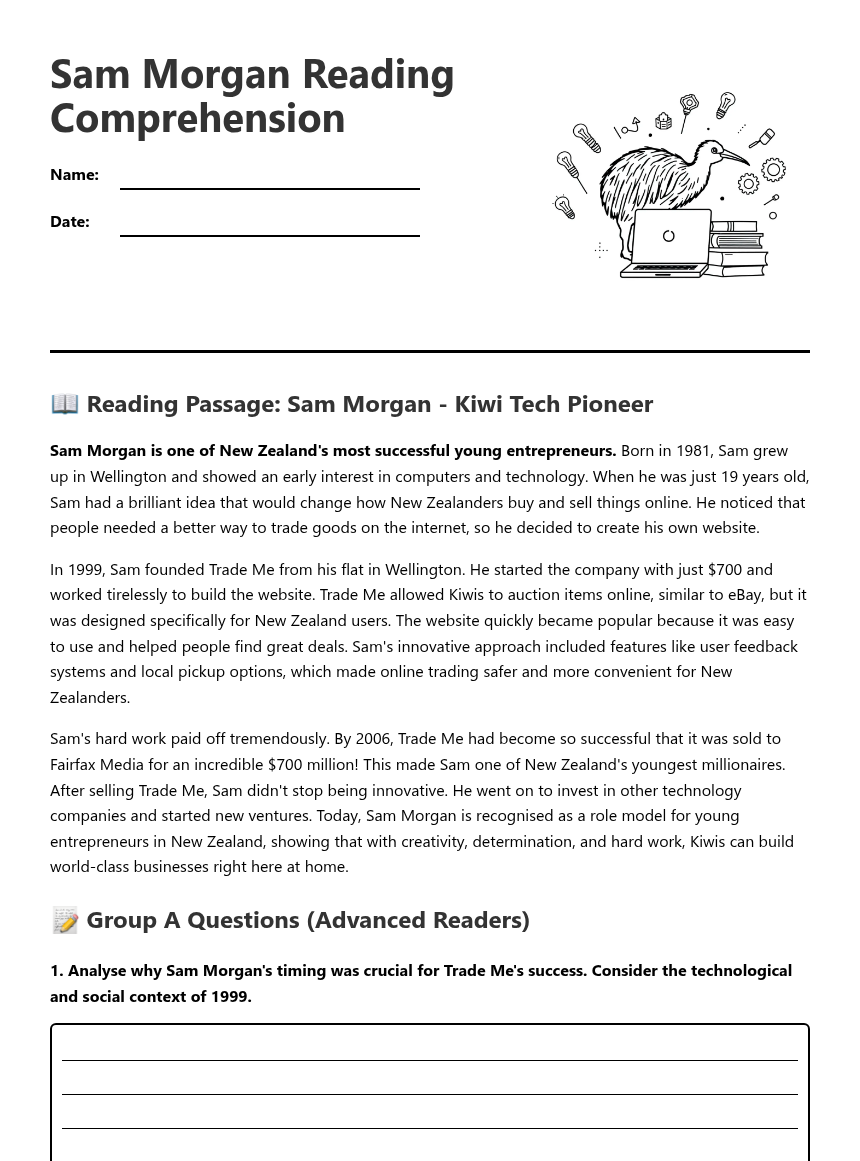 Sam Morgan Reading Comprehension — Free Printable Worksheet for English ...