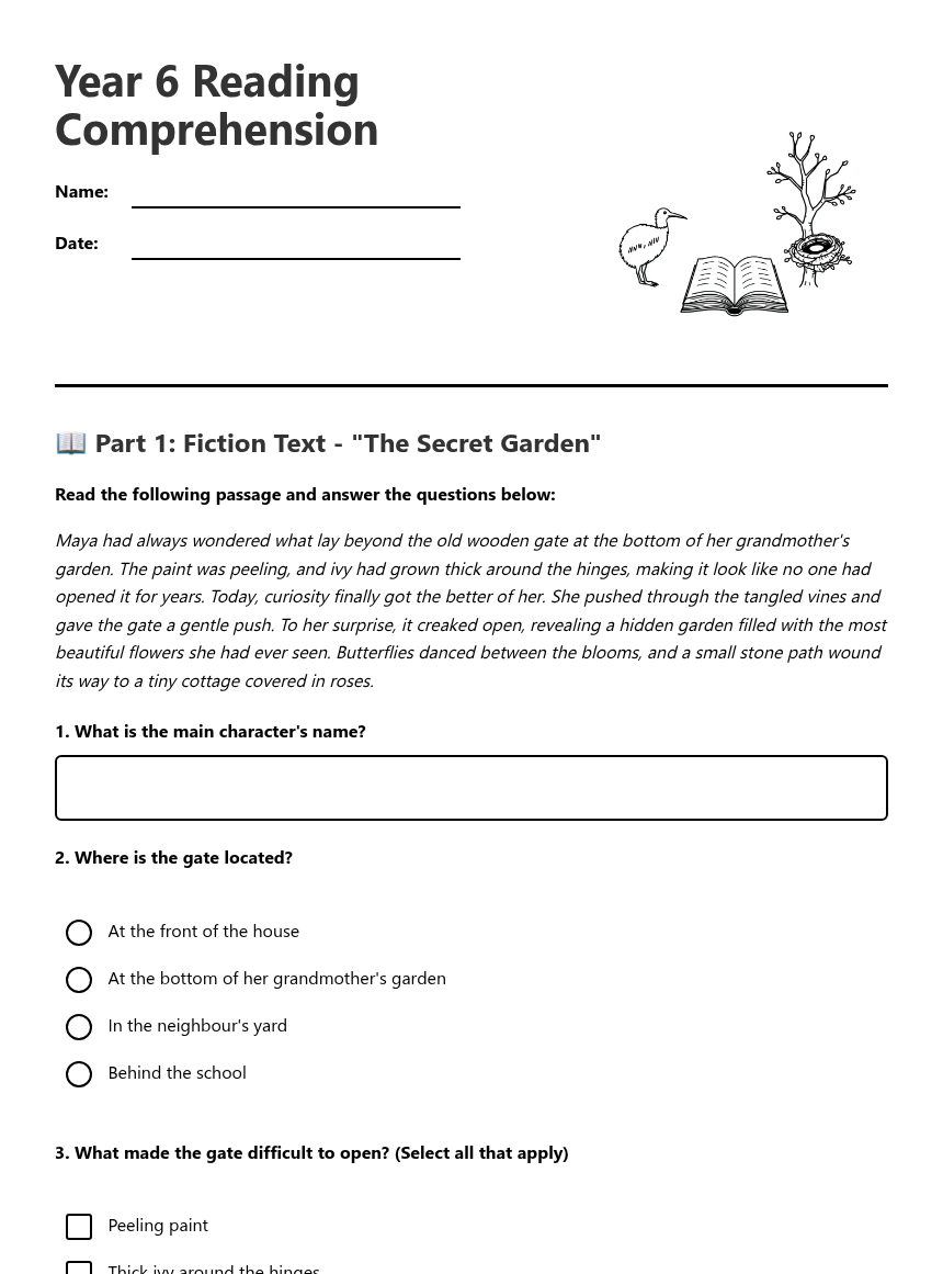 Year 6 Reading Comprehension — Free Printable Worksheet | Kuraplan
