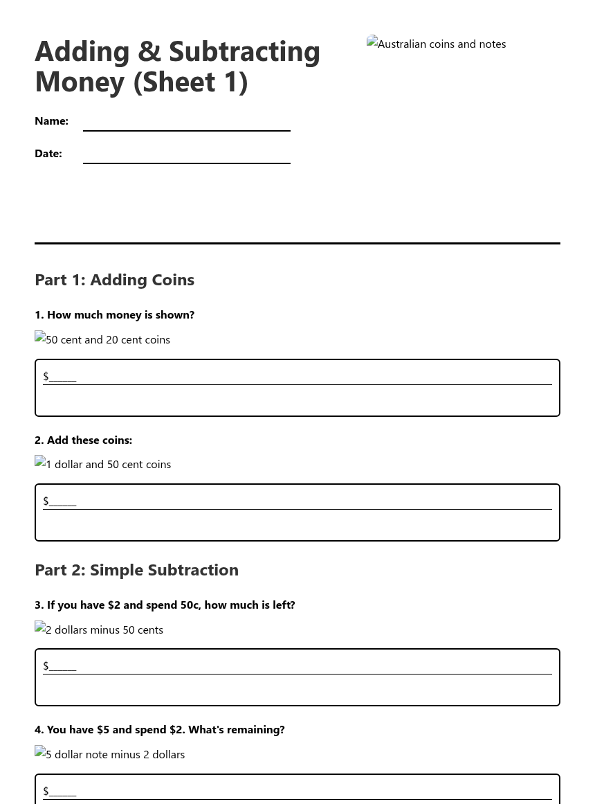 Adding & Subtracting Money — Free Printable Worksheet for Mathematics ...