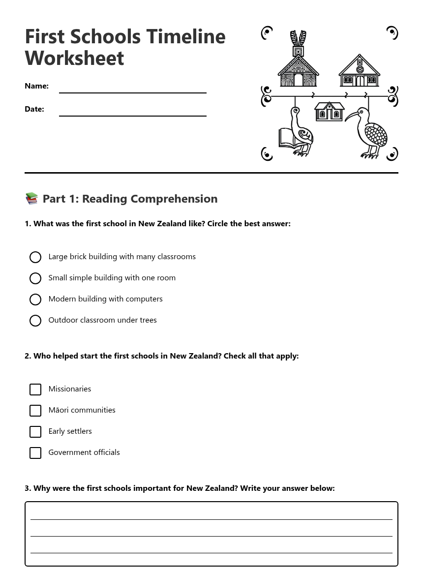 First Schools Timeline Worksheet — Free Printable Worksheet for English ...