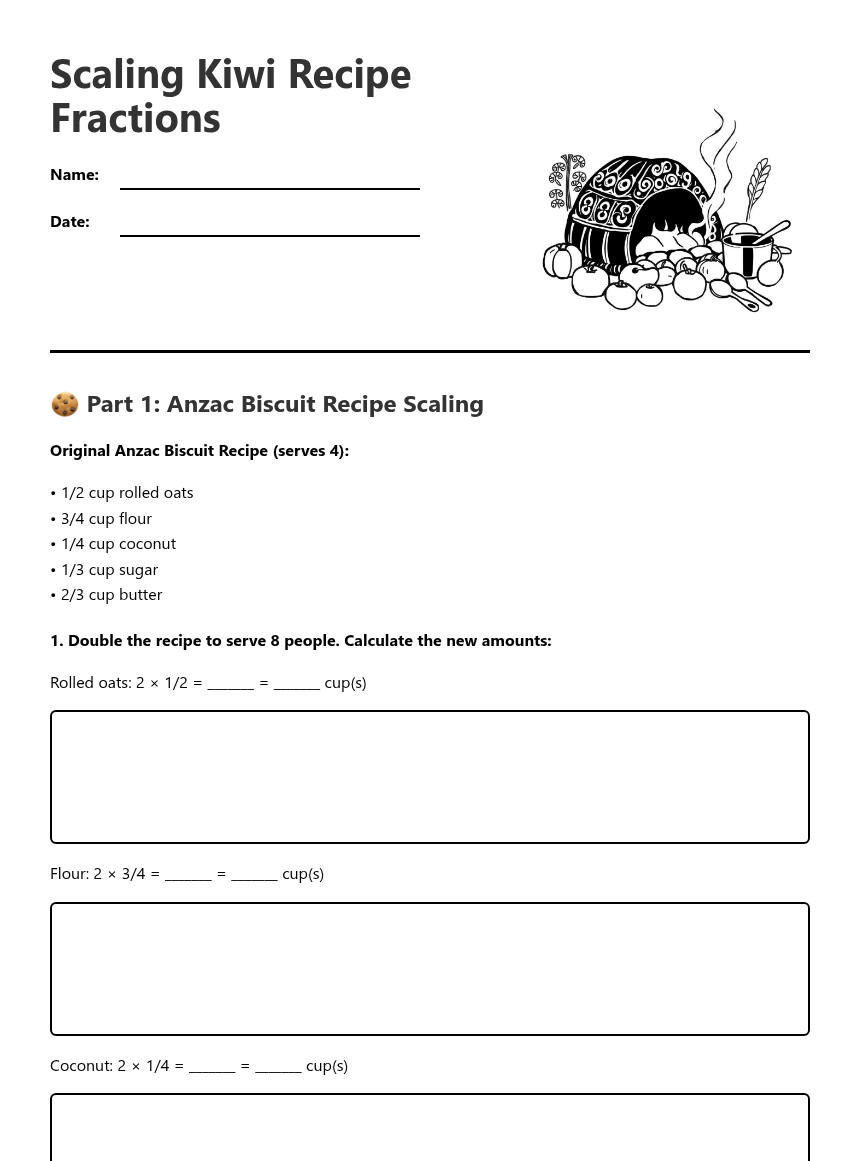 Scaling Kiwi Recipe Fractions — Free Printable Worksheet for Maths ...