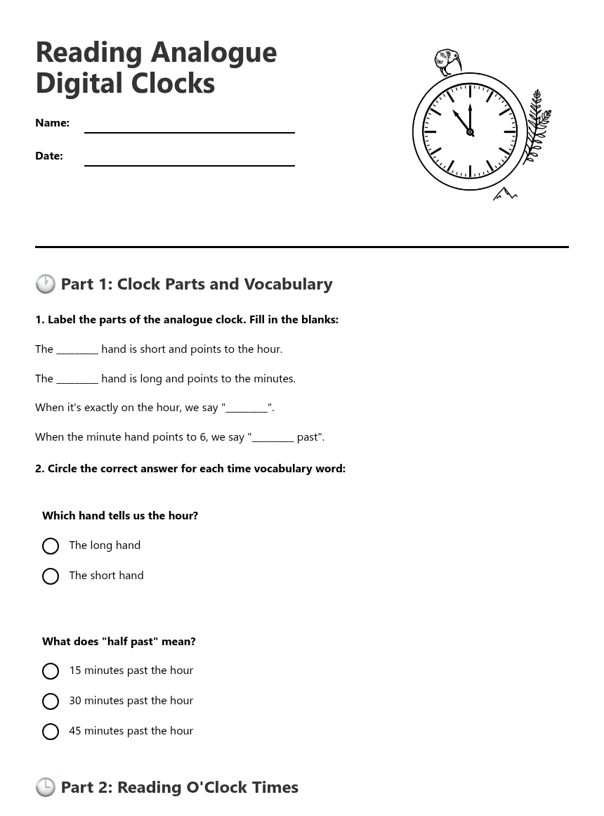 Reading Analogue Digital Clocks — Free Printable Worksheet | Kuraplan