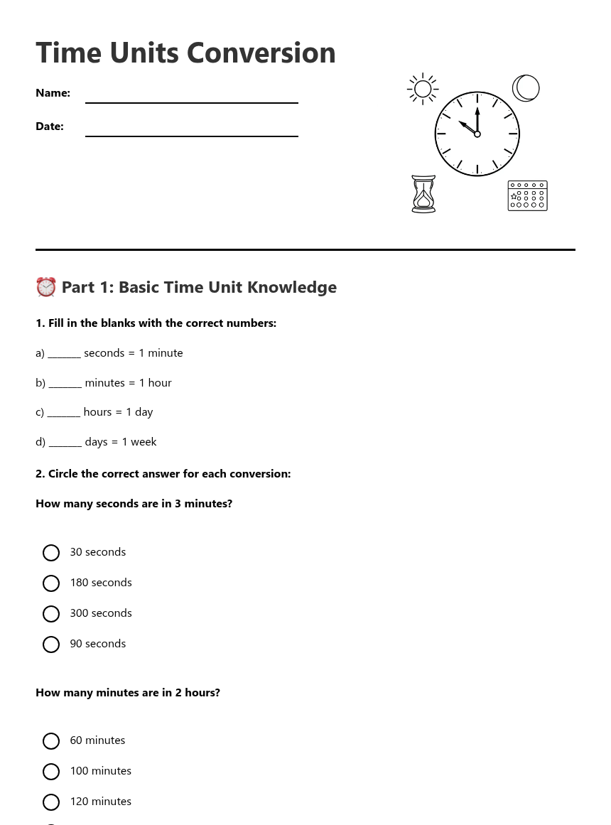 Time Units Conversion — Free Printable Worksheet | Kuraplan