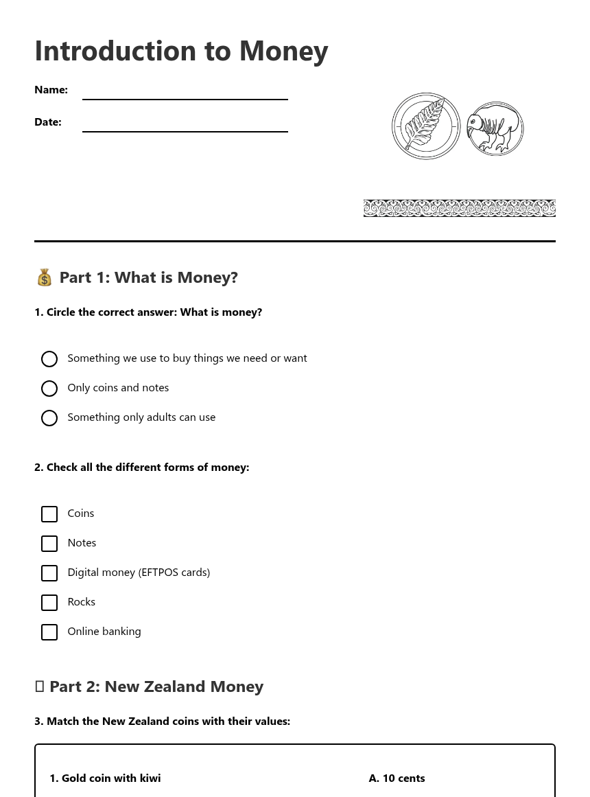 Introduction to Money — Free Printable Worksheet for Social Sciences ...