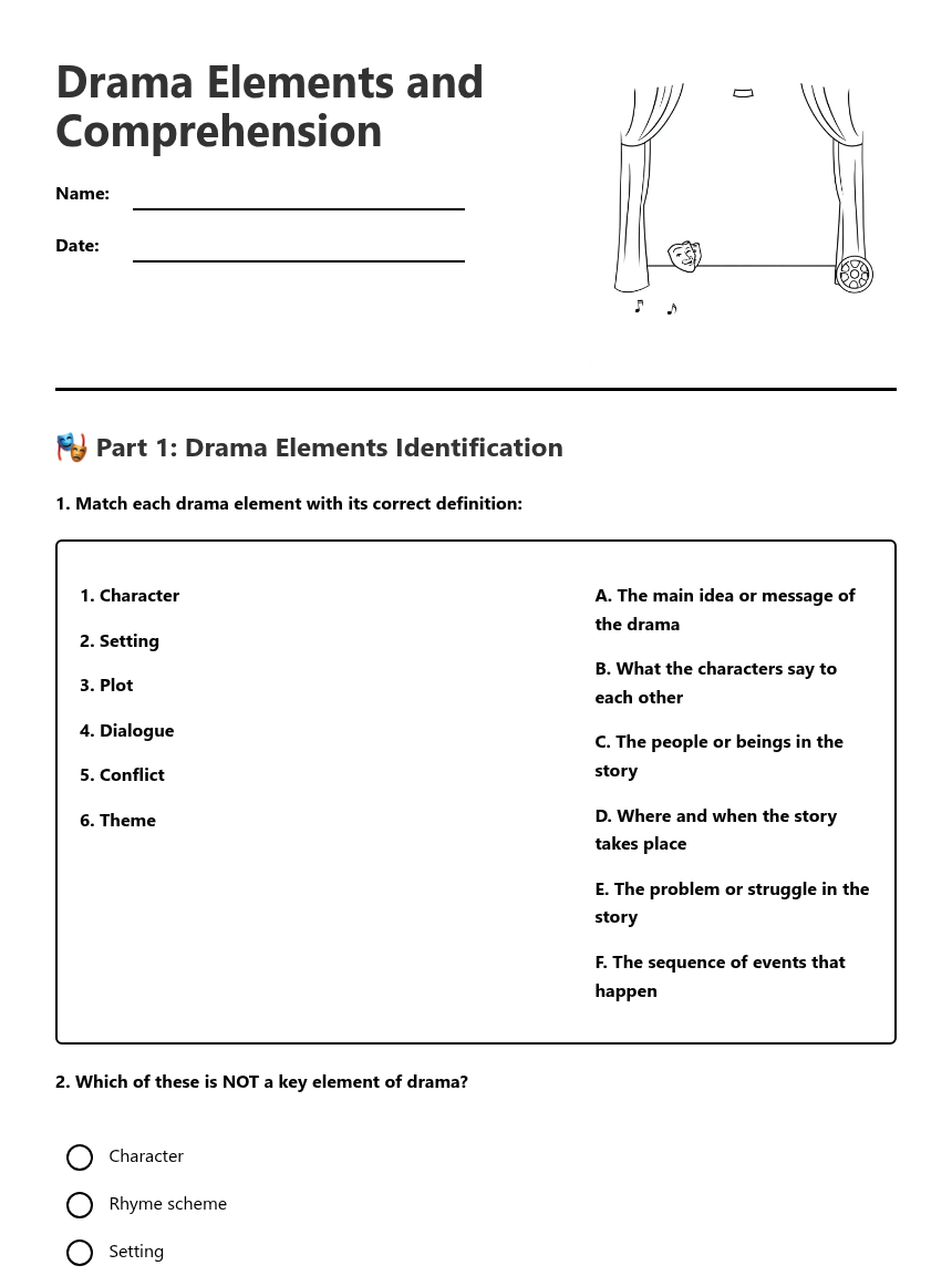 Drama Elements and Comprehension — Free Printable Worksheet | Kuraplan