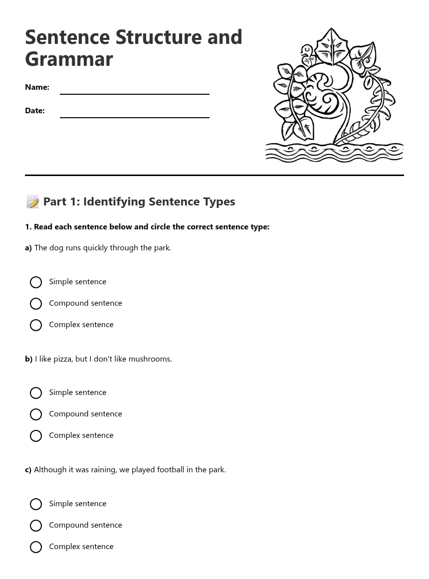 Sentence Structure and Grammar — Free Printable Worksheet | Kuraplan