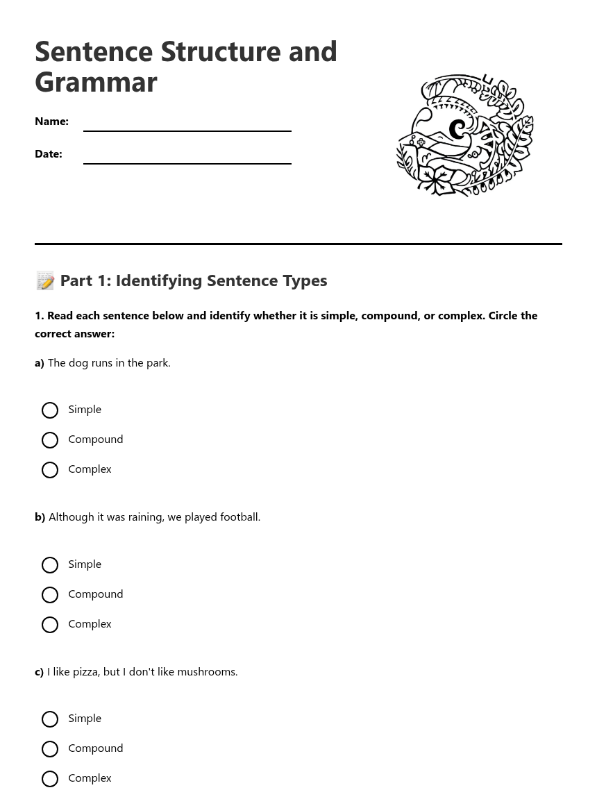 Sentence Structure and Grammar — Free Printable Worksheet | Kuraplan