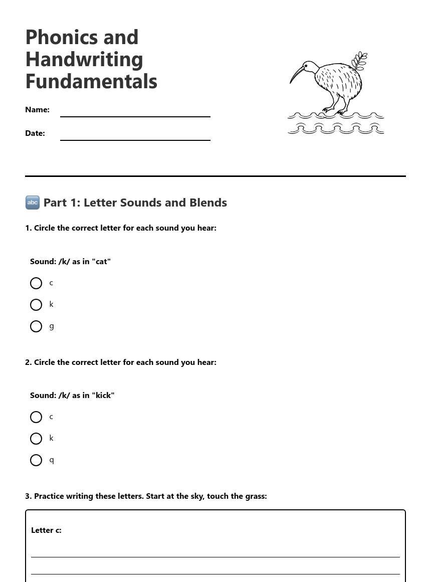 Phonics and Handwriting Fundamentals — Free Printable Worksheet | Kuraplan