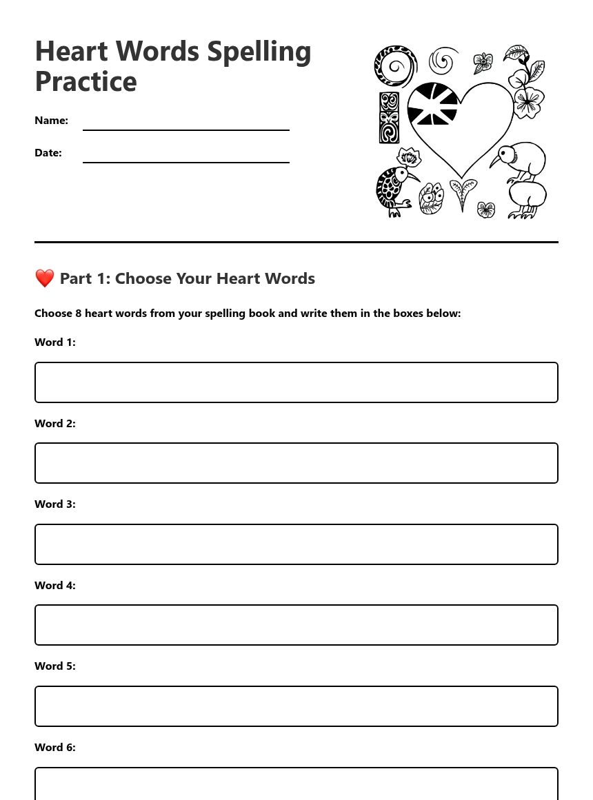 Heart Words Spelling Practice — Free Printable Worksheet for English ...