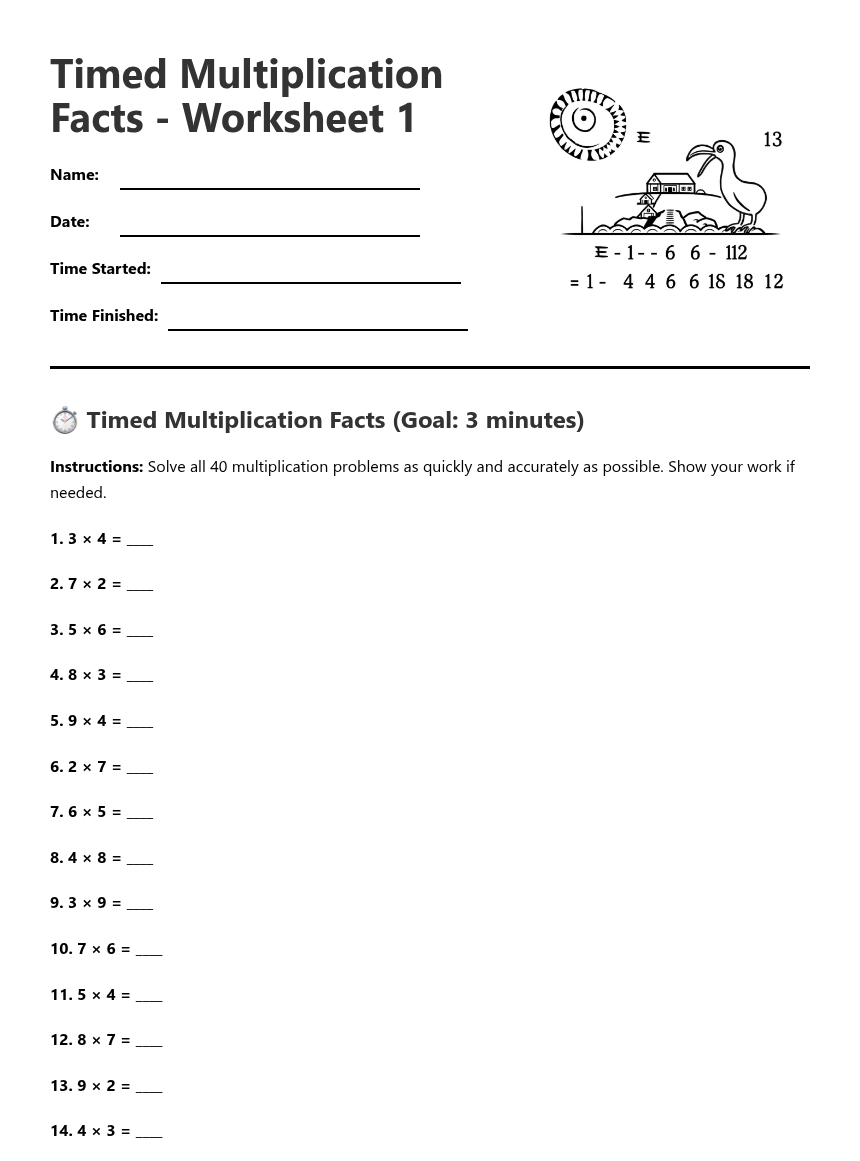 Timed Multiplication Facts Worksheets — Free Printable Worksheet for ...
