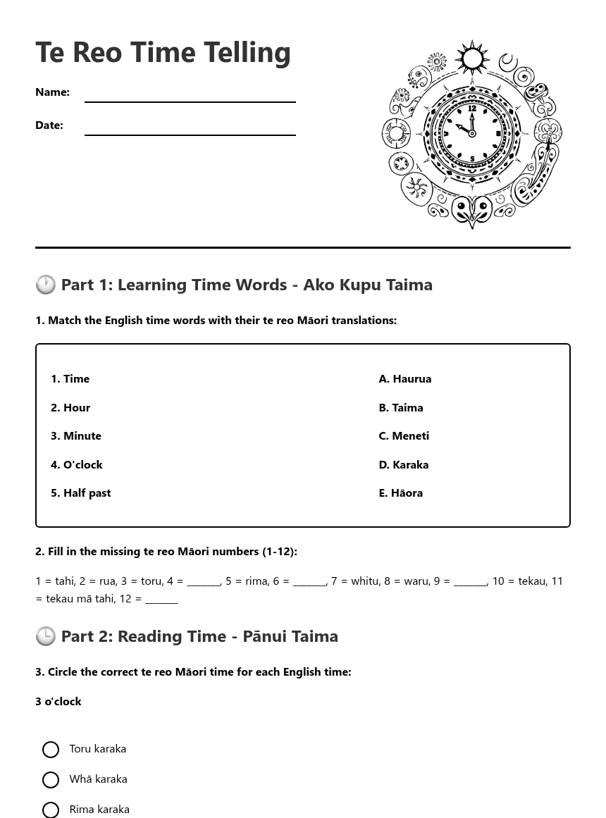 Te Reo Time Telling — Free Printable Worksheet | Kuraplan