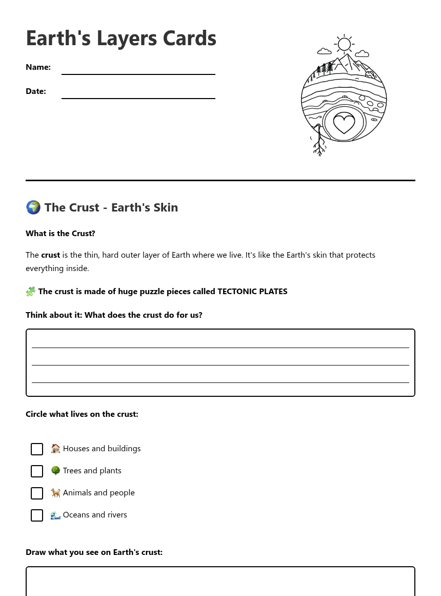 Earth's Layers Cards — Free Printable Worksheet for Science | Kuraplan