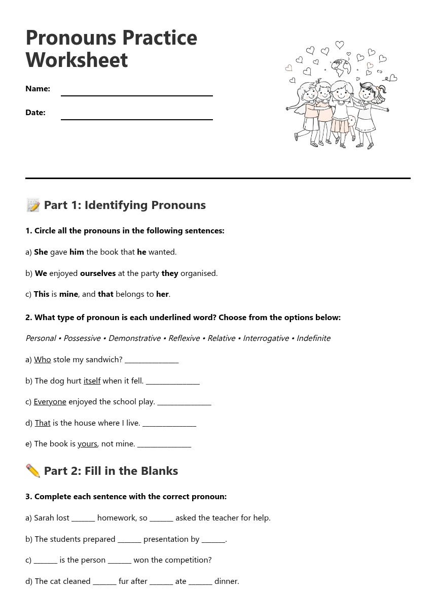 Pronouns Practice Worksheet — Free Printable Worksheet | Kuraplan