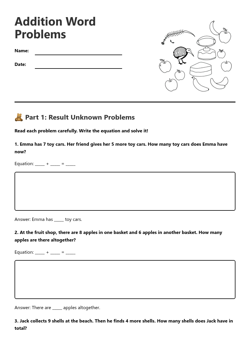 Addition Word Problems — Free Printable Worksheet for Maths | Kuraplan