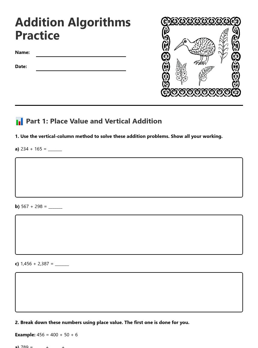 Addition Algorithms Practice — Free Printable Worksheet | Kuraplan