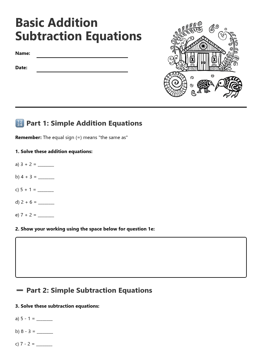 Basic Addition Subtraction Equations — Free Printable Worksheet | Kuraplan