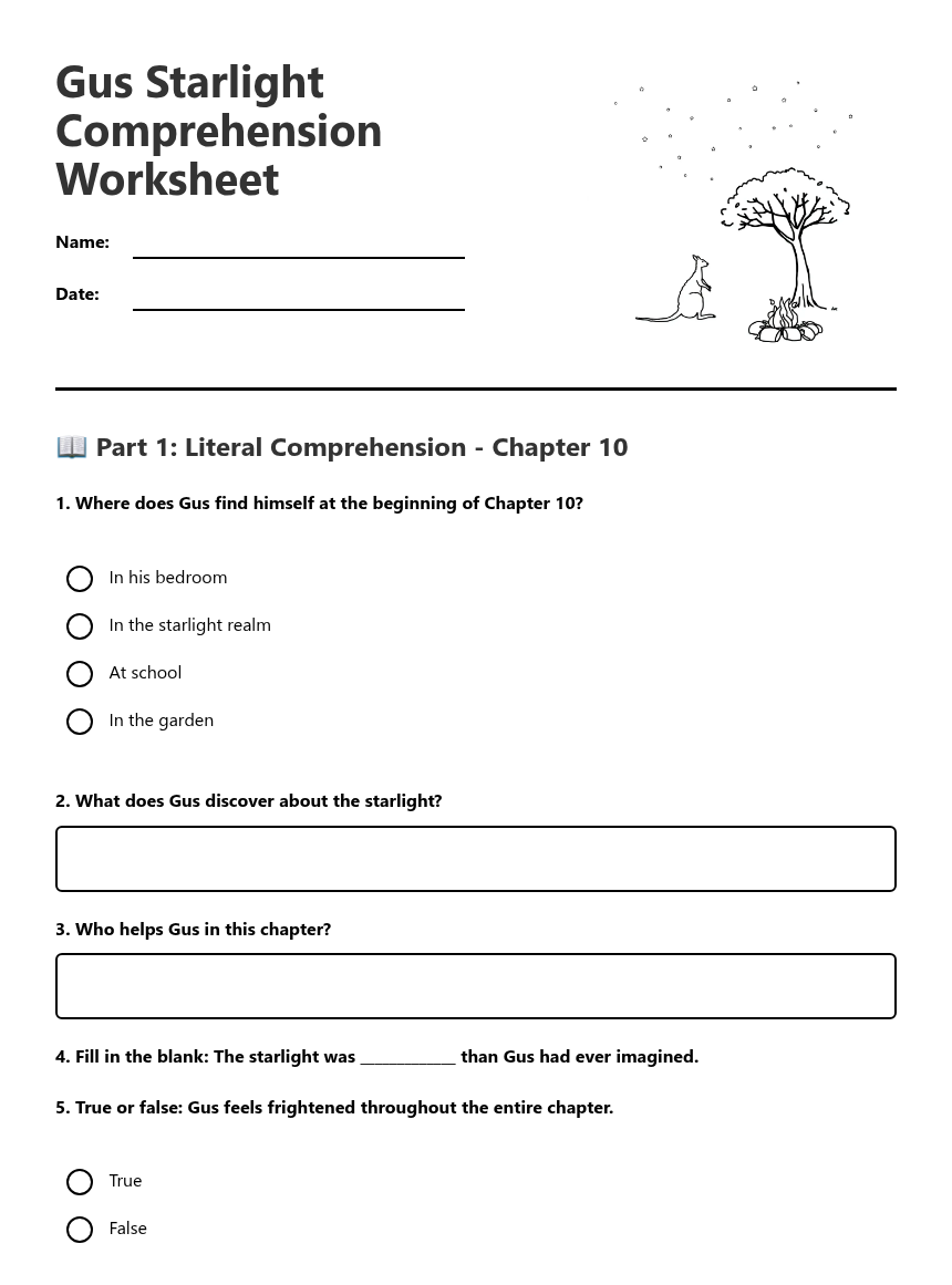 Gus Starlight Comprehension Worksheet — Free Printable Worksheet for ...