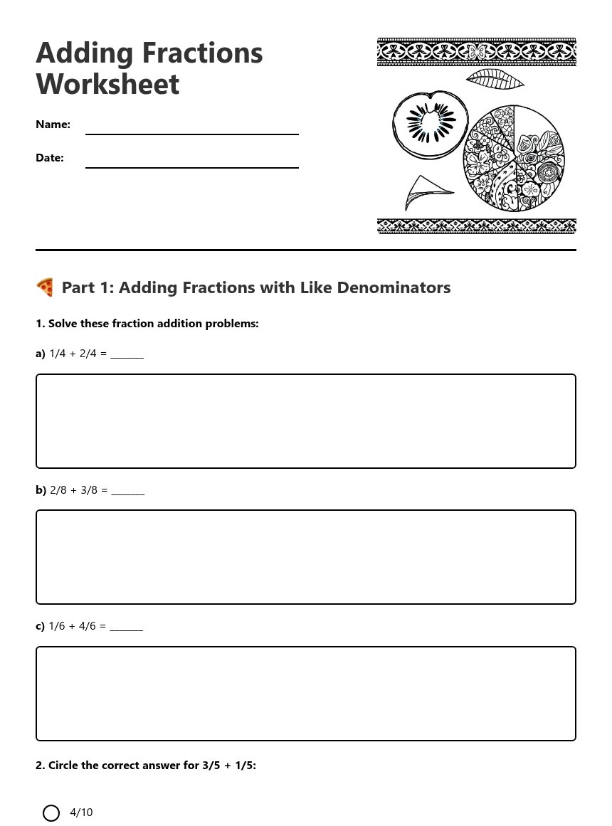 Adding Fractions Worksheet — Free Printable Worksheet for Maths | Kuraplan