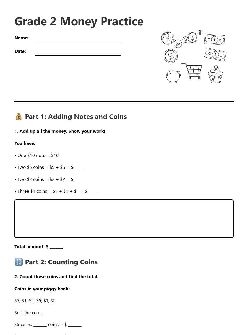 Grade 2 Money Practice — Free Printable Worksheet for Mathematics ...