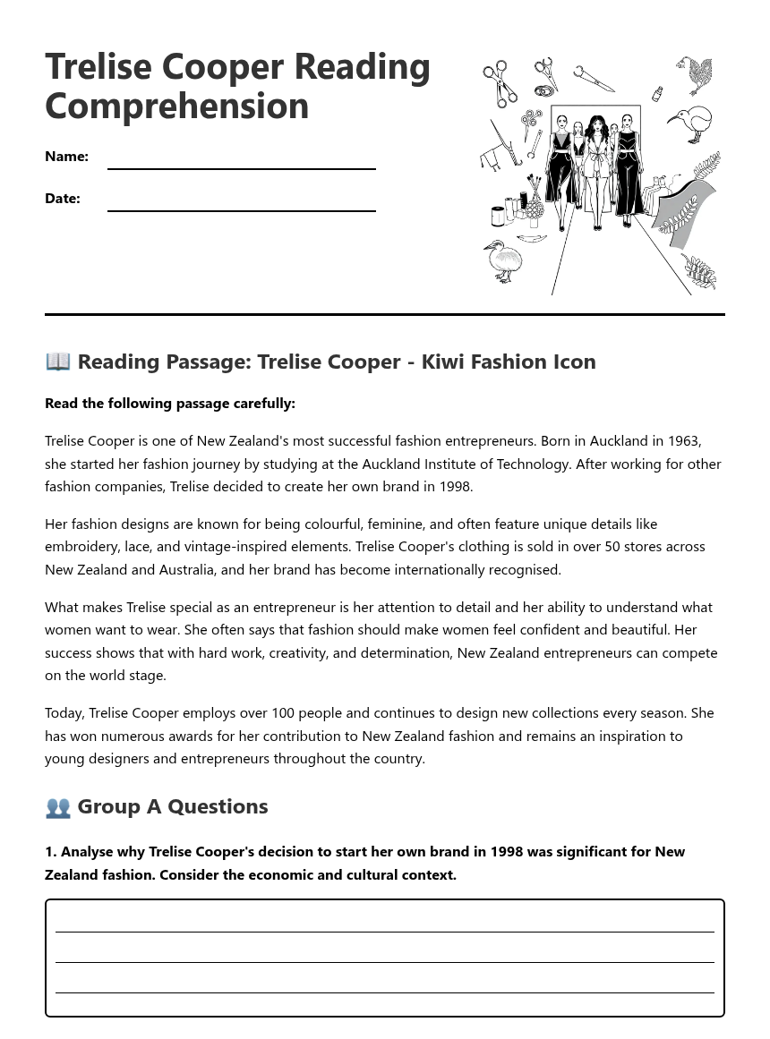 Trelise Cooper Reading Comprehension — Free Printable Worksheet for ...