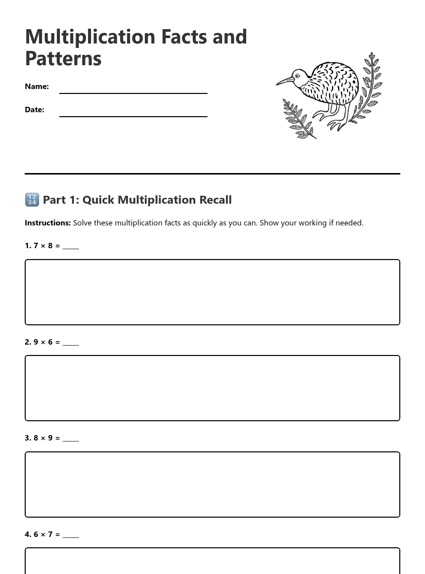 Multiplication Facts and Patterns — Free Printable Worksheet | Kuraplan