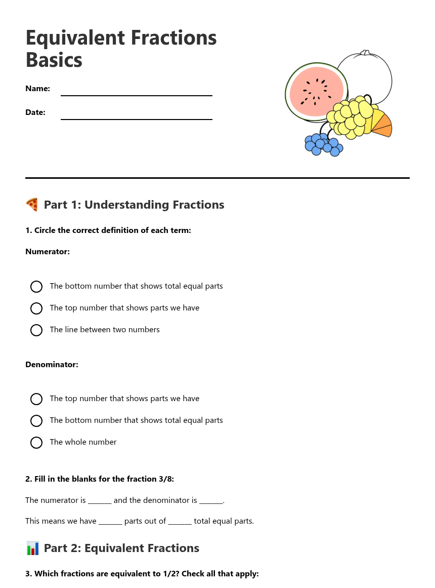 Equivalent Fractions Basics — Free Printable Worksheet for Maths | Kuraplan