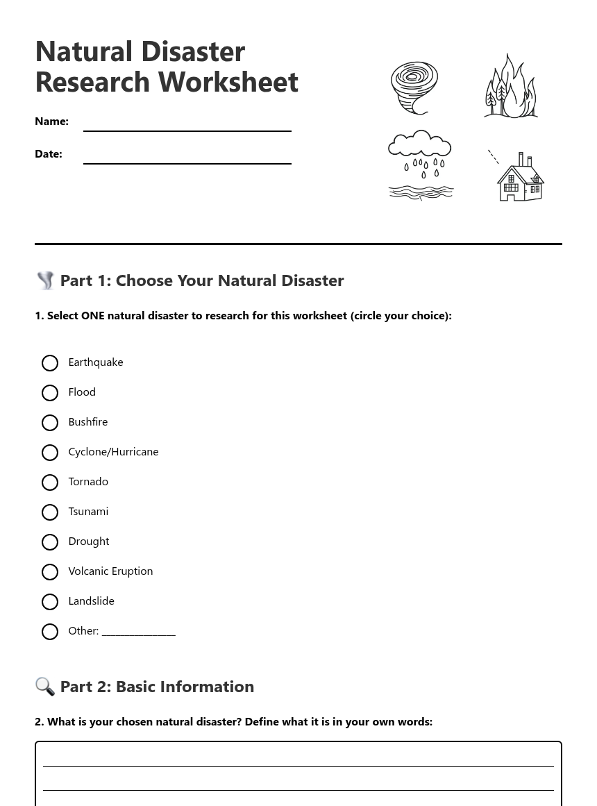 Natural Disaster Research Worksheet — Free Printable Worksheet for ...