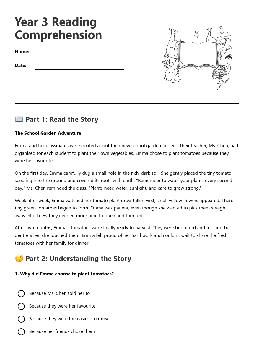Year 3 Reading Comprehension — Free Printable Worksheet for English ...