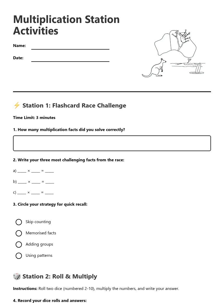 Multiplication Station Activities — Free Printable Worksheet | Kuraplan