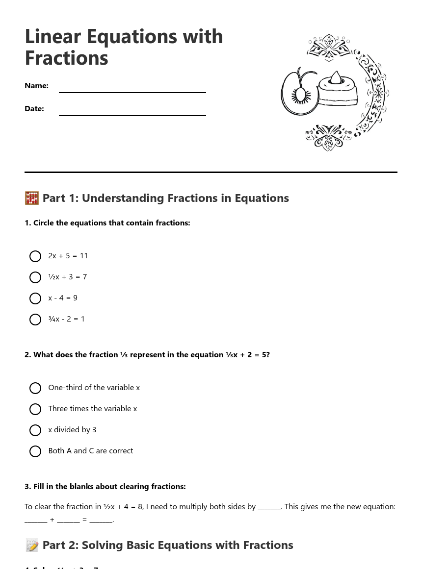 Linear Equations with Fractions — Free Printable Worksheet for Maths ...