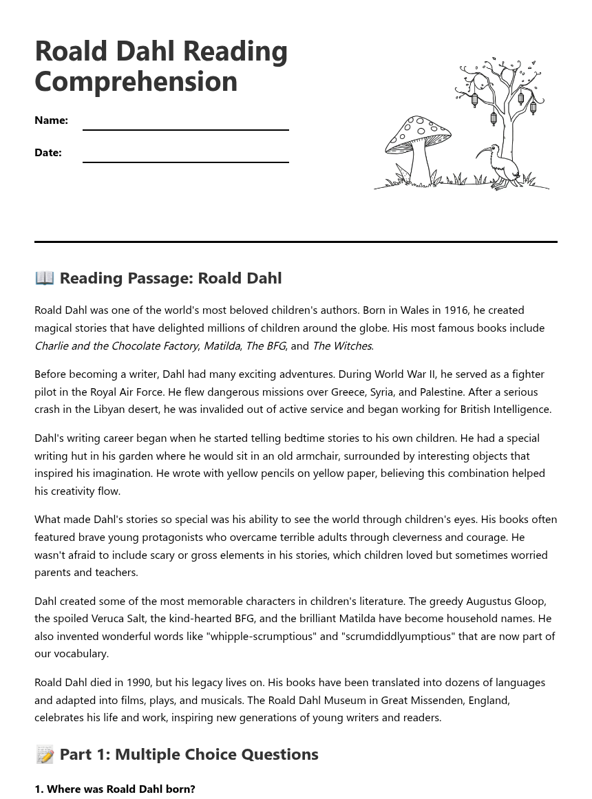 Roald Dahl Reading Comprehension — Free Printable Worksheet | Kuraplan