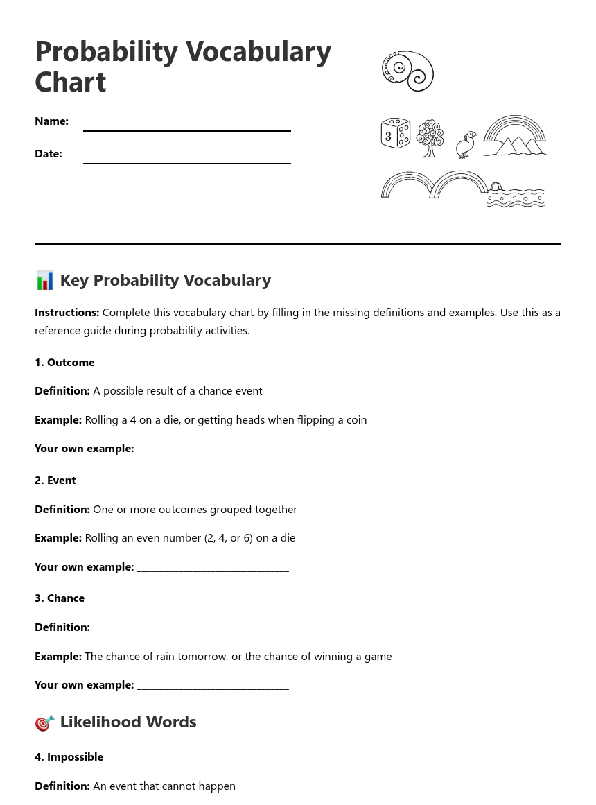 Probability Vocabulary Chart — Free Printable Worksheet for Maths ...