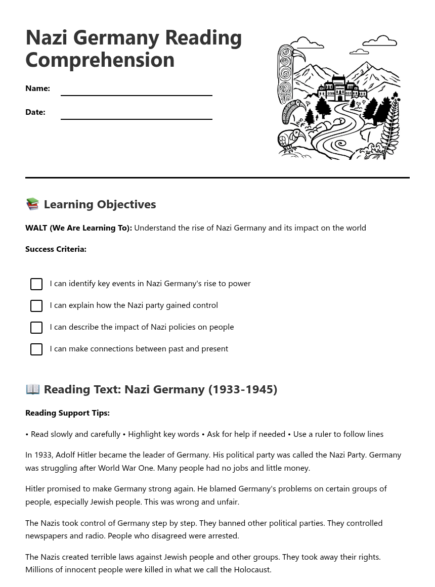 Nazi Germany Reading Comprehension — Free Printable Worksheet for ...