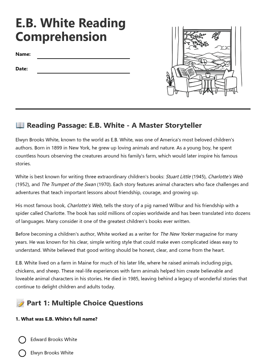 E.B. White Reading Comprehension — Free Printable Worksheet | Kuraplan