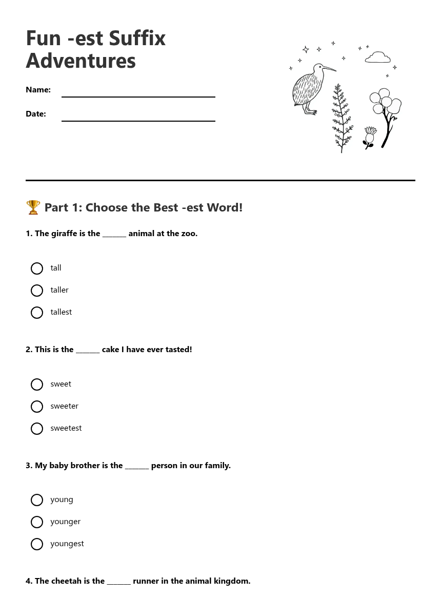 Fun -est Suffix Adventures — Free Printable Worksheet for English ...