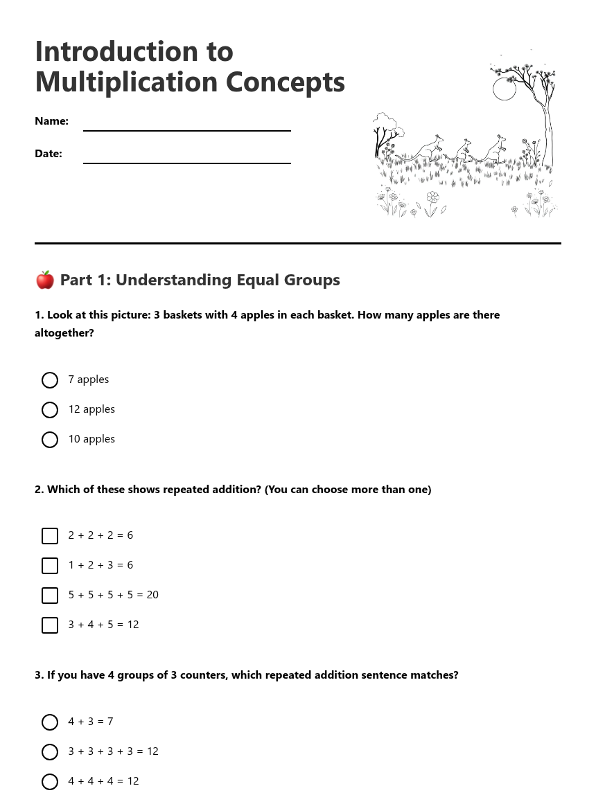 Introduction to Multiplication Concepts — Free Printable Worksheet for ...