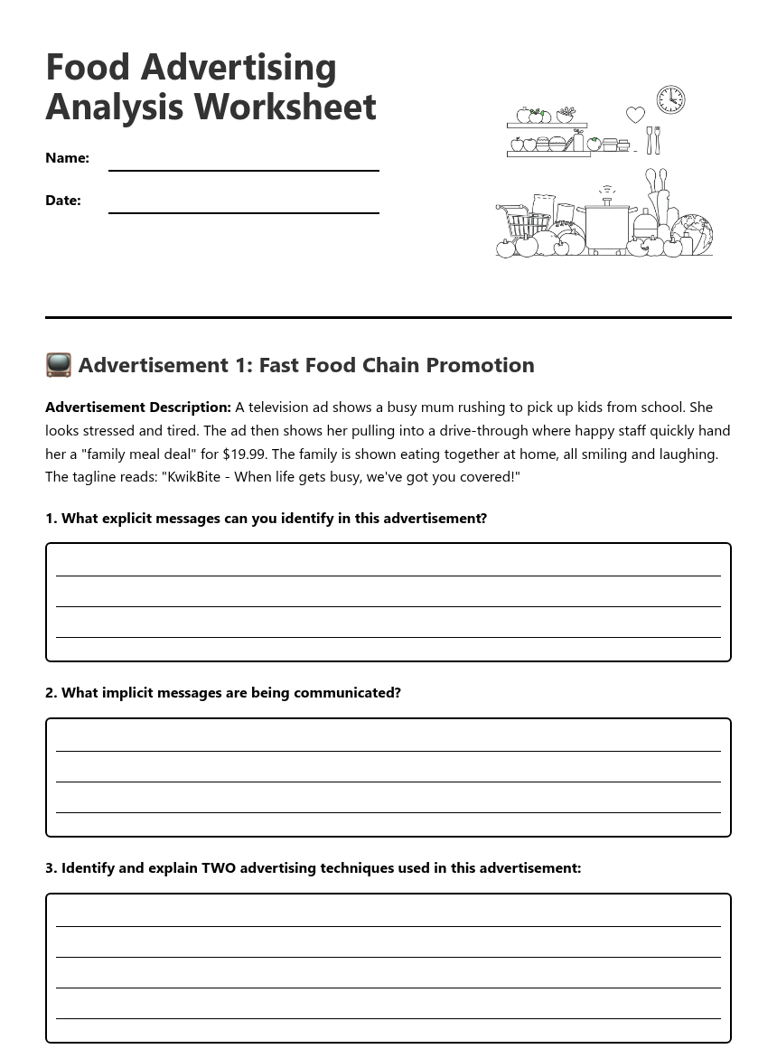 Food Advertising Analysis Worksheet — Free Printable Worksheet for ...
