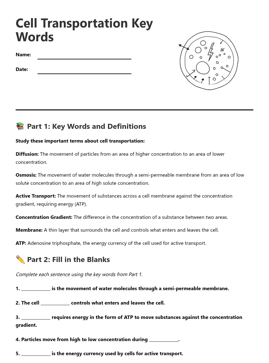 Cell Transportation Key Words — Free Printable Worksheet for Science ...