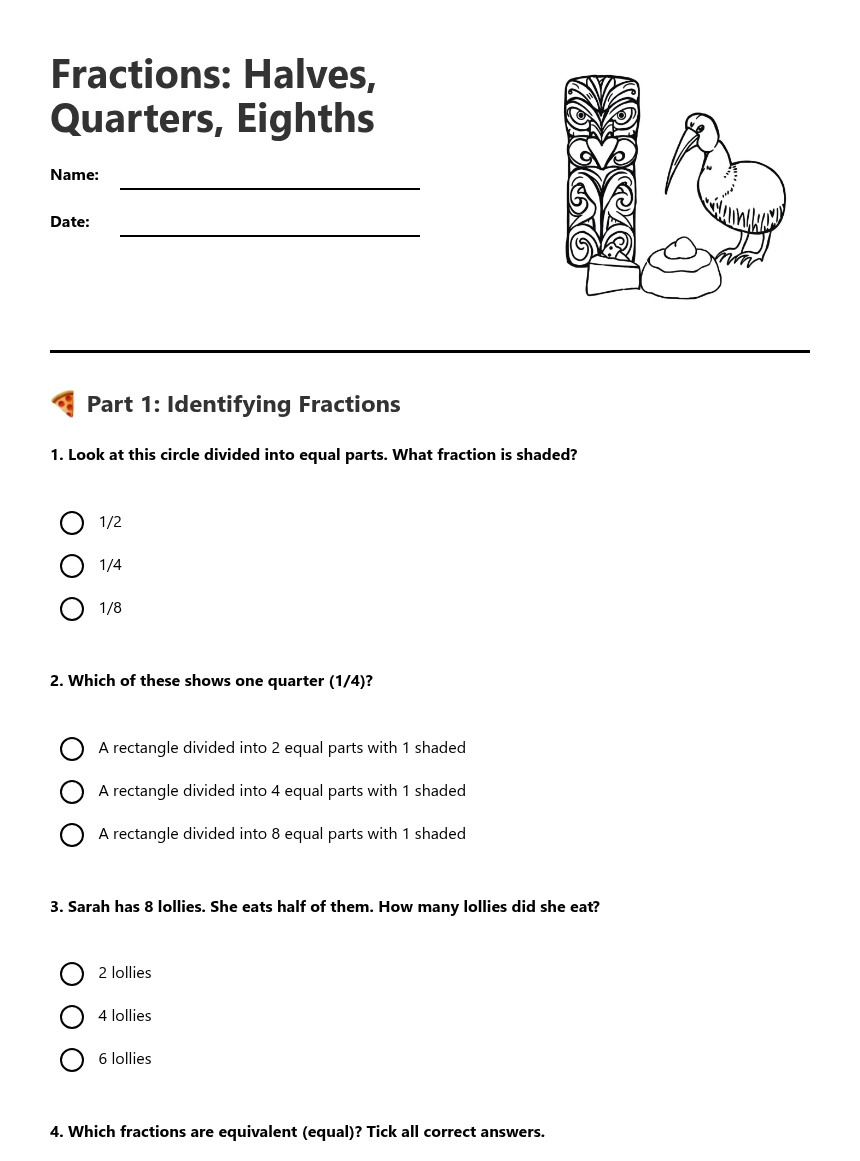 Fractions: Halves, Quarters, Eighths — Free Printable Worksheet for ...