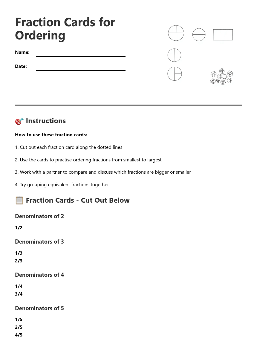 Fraction Cards for Ordering — Free Printable Worksheet for Maths | Kuraplan