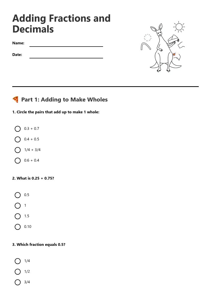 Adding Fractions and Decimals — Free Printable Worksheet for Maths ...