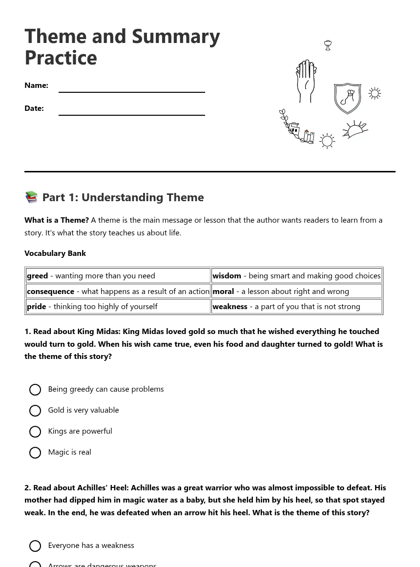 Theme and Summary Practice — Free Printable Worksheet for English (ELA ...