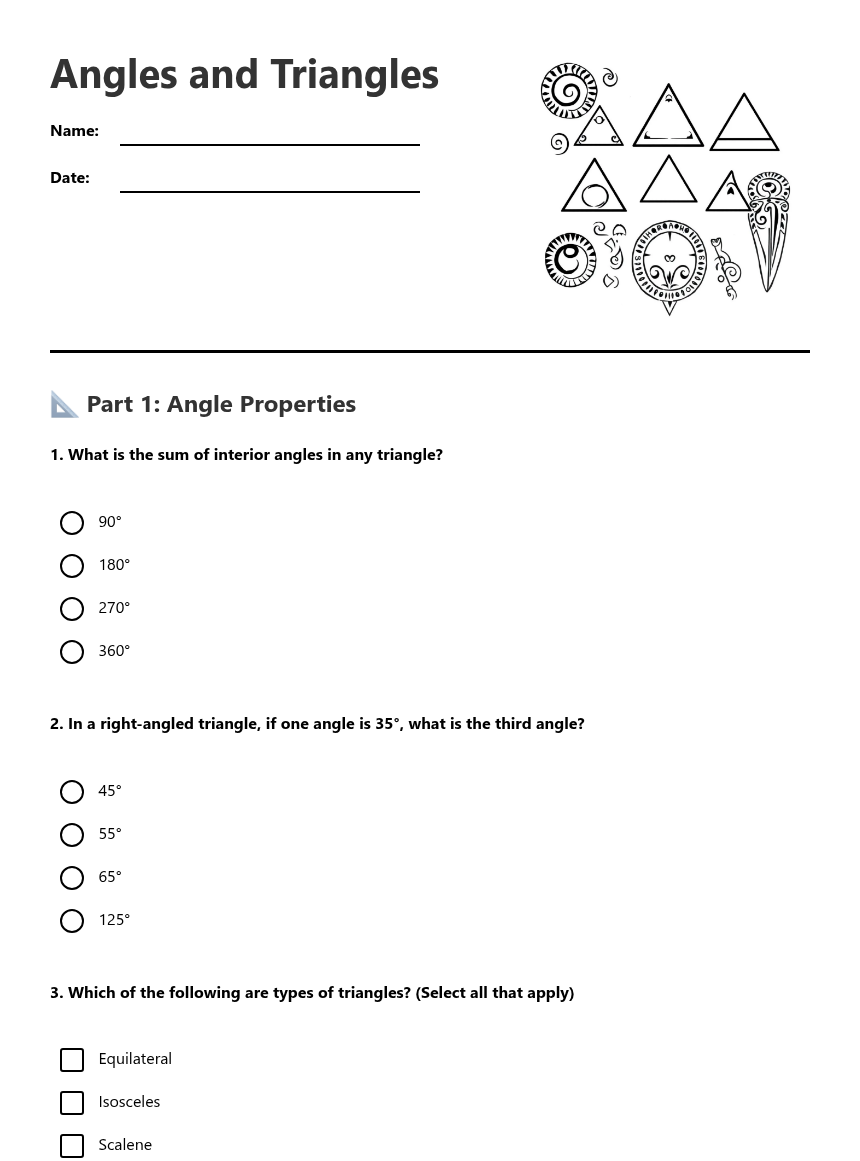 Angles and Triangles — Free Printable Worksheet for Maths | Kuraplan
