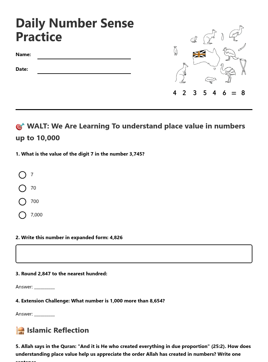 Daily Number Sense Practice — Free Printable Worksheet for Mathematics ...