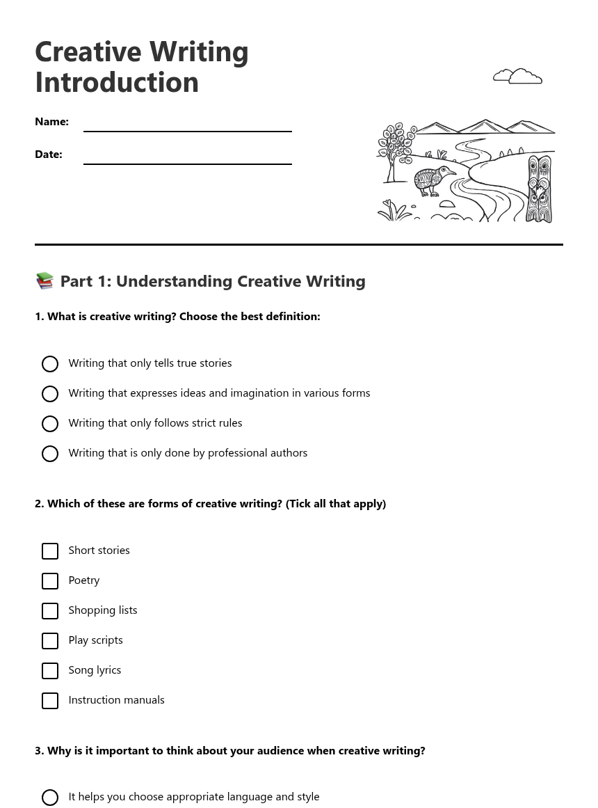 Creative Writing Introduction — Free Printable Worksheet for English ...