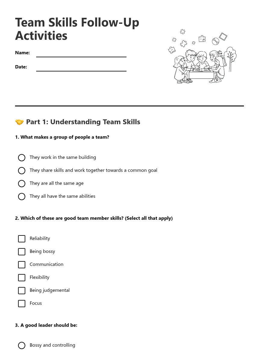 Team Skills Follow-Up Activities — Free Printable Worksheet for Social ...
