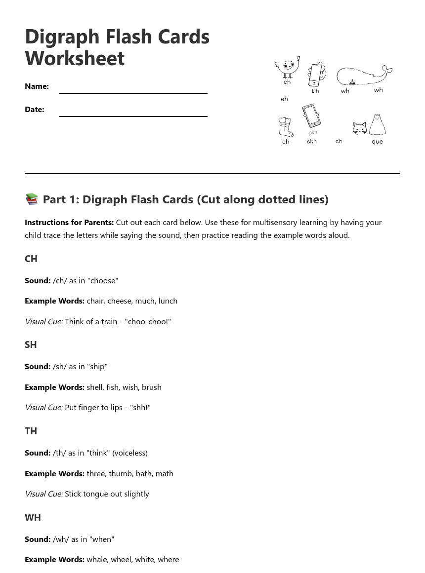 Digraph Flash Cards Worksheet — Free Printable Worksheet for English ...