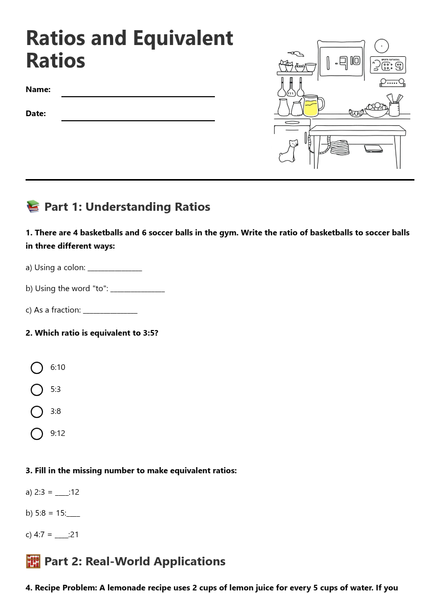 Ratios and Equivalent Ratios — Free Printable Worksheet for Mathematics ...