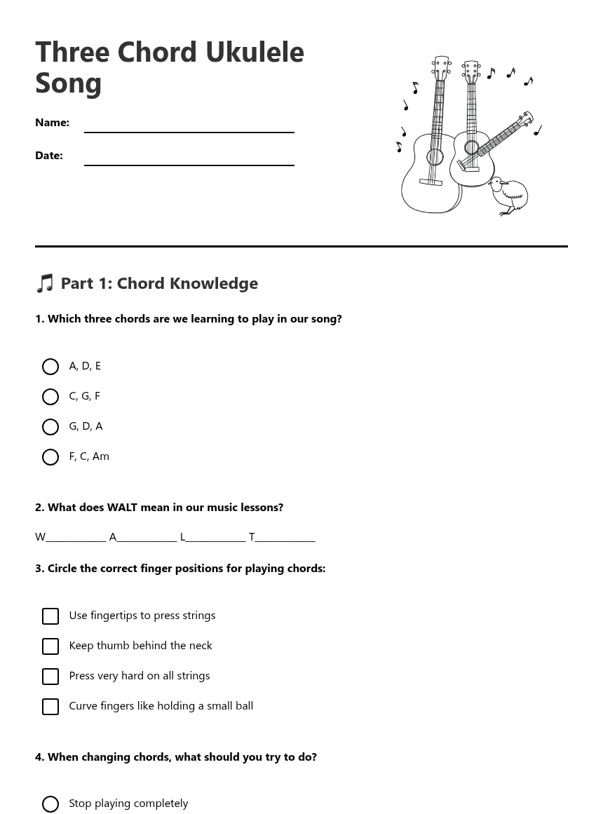 Three Chord Ukulele Song — Free Printable Worksheet for Music | Kuraplan